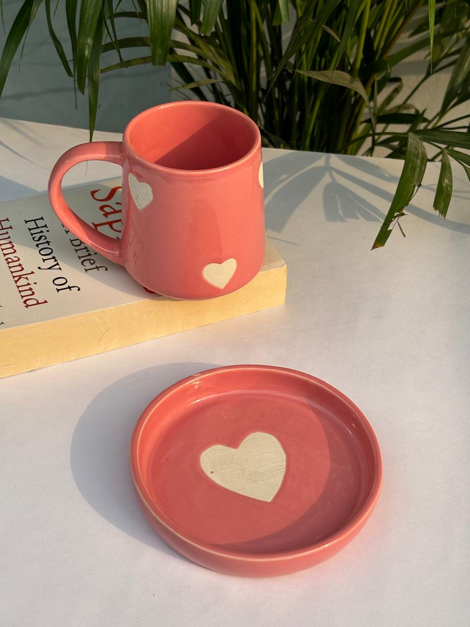 Small Pink Heart Narrow Coffee Mug with Saucer Combo (Set of 2) – House ...